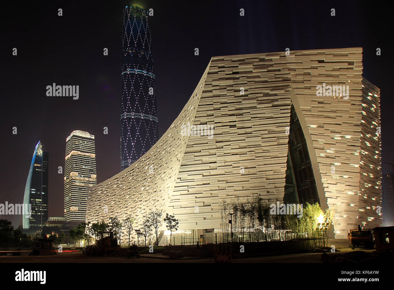 the night view of the new library and the West Tower in Guangzhou city ...