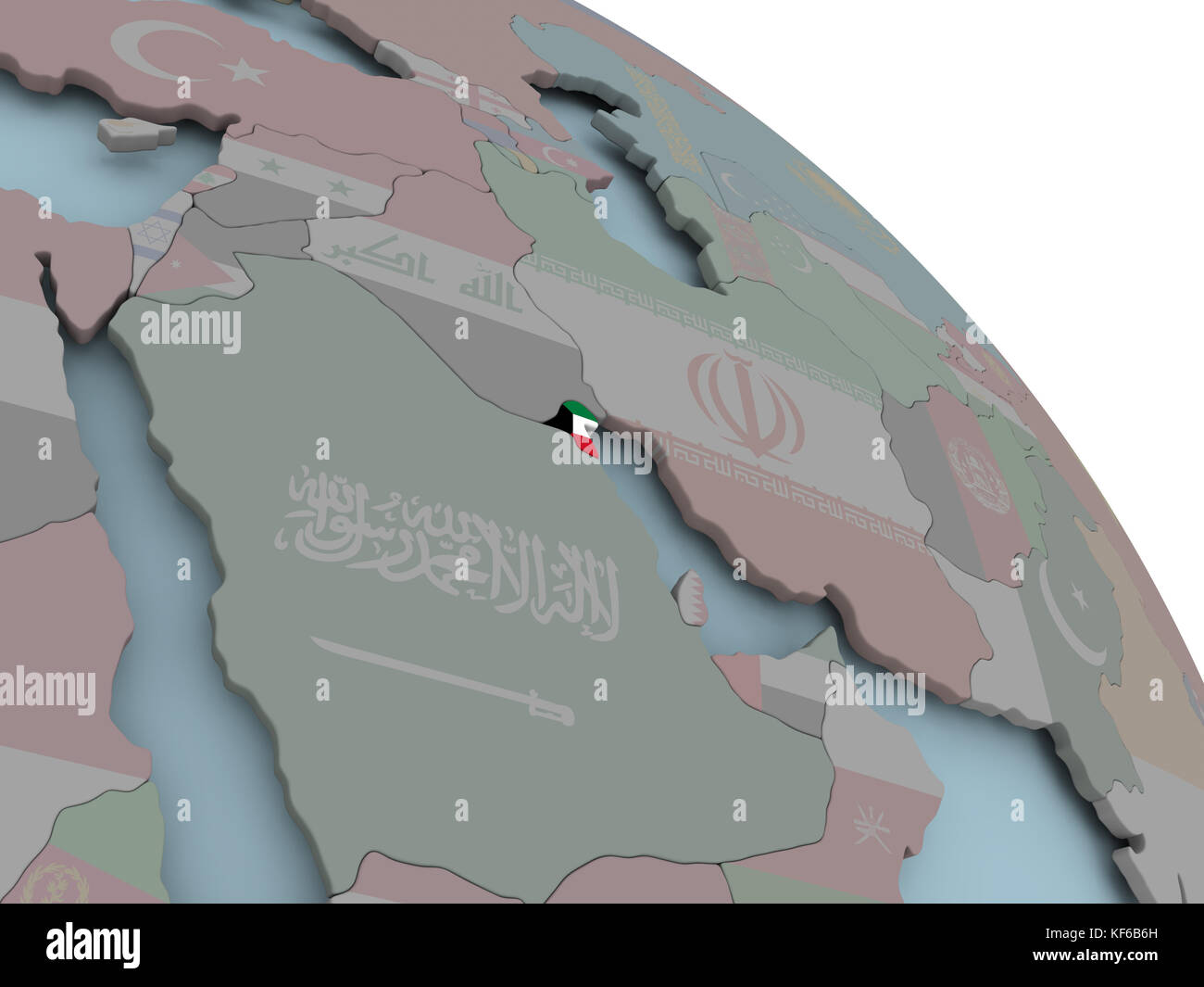 Illustration of Kuwait on political globe with embedded flags. 3D ...