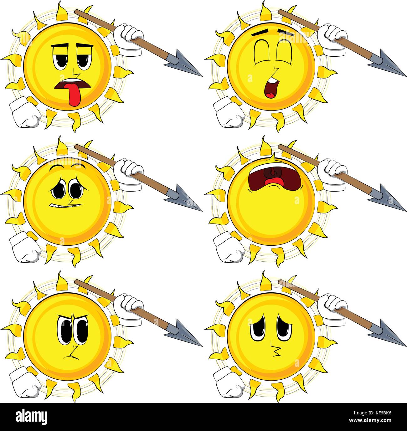 Cartoon sun holding spear in his hand. Collection with sad faces ...