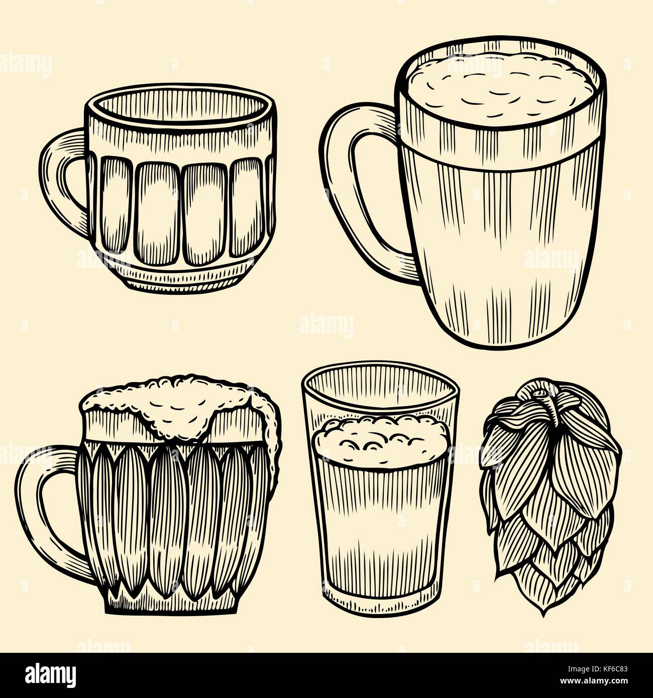 Vector set of beer glasses and mugs in ink hand drawn style. isolated ...