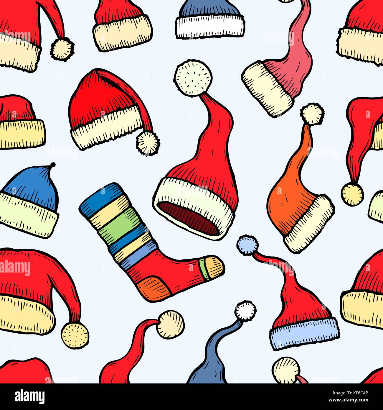 Christmas seamless texture with socks and red caps. Vector illustration ...