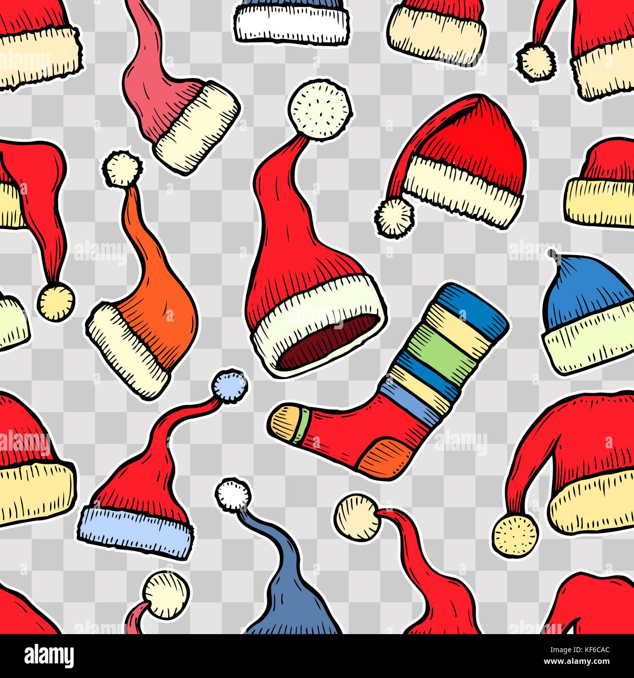 Christmas seamless texture with socks and red caps. Vector illustration ...