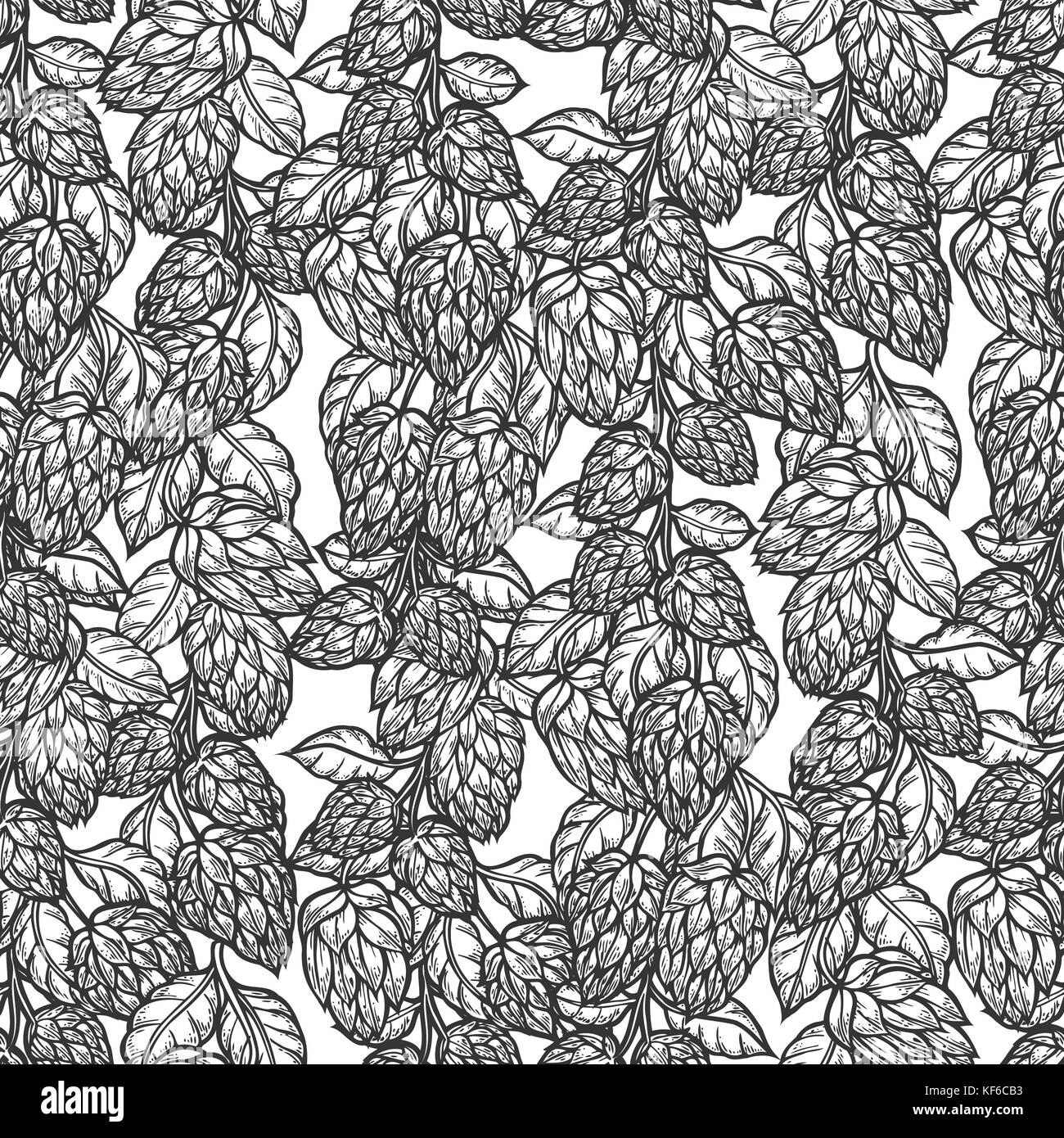 Hop vector seamless pattern.Black hand drawn artistic beer hop branch ...