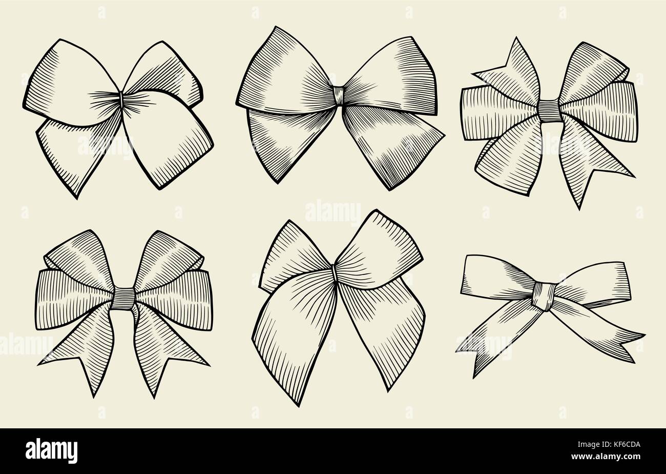 set of beautiful bows drawn in the style of engraving. isolated on ...