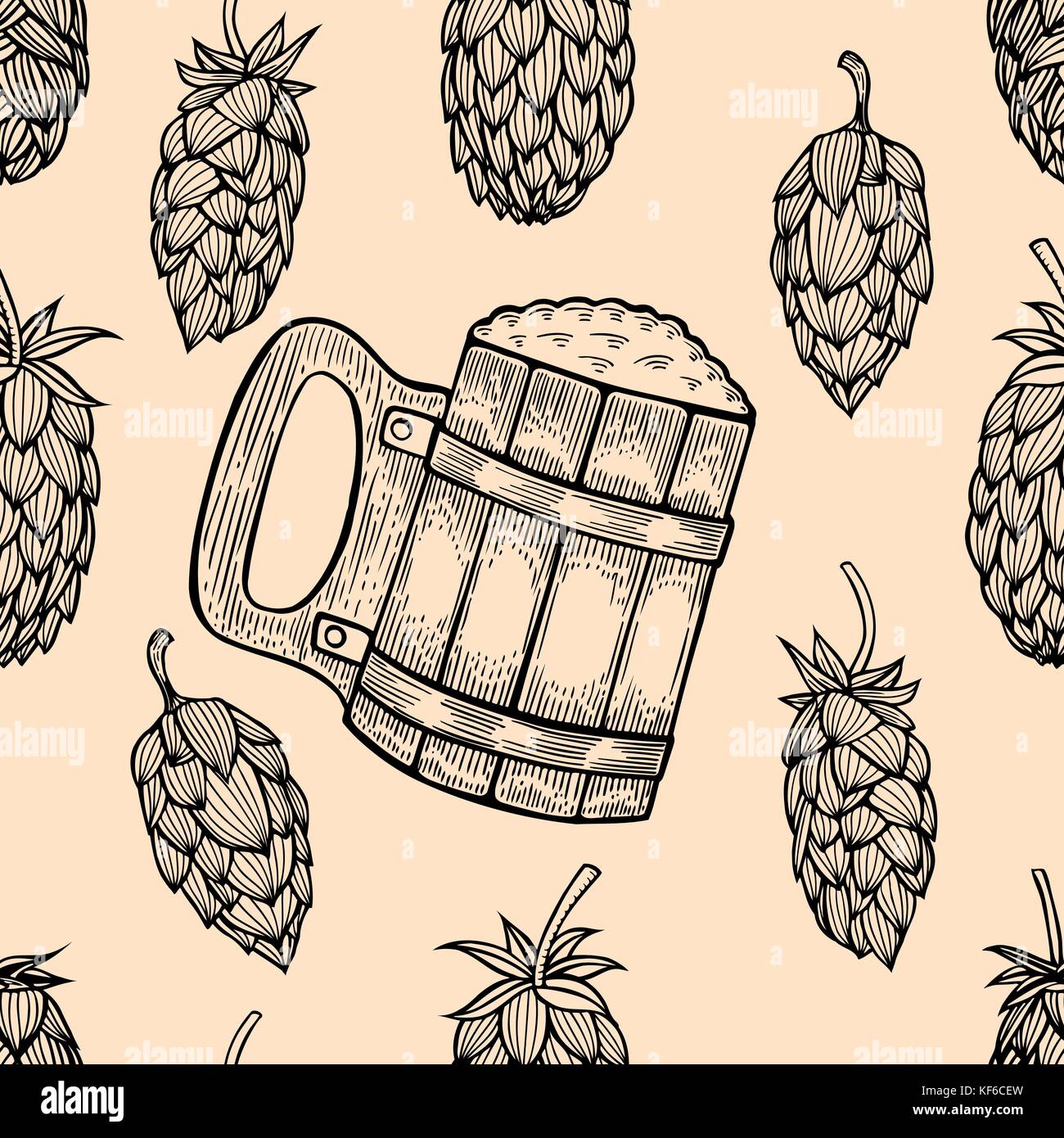 Seamless pattern from hop with wooden beer mug. For poster with ...