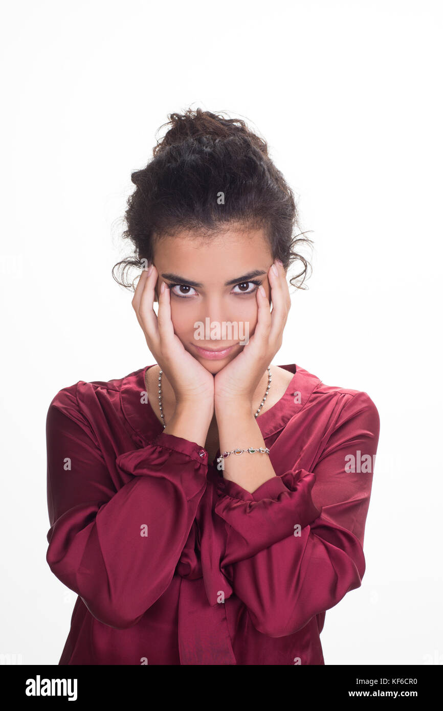Beautiful young woman hands touching face Stock Photo - Alamy