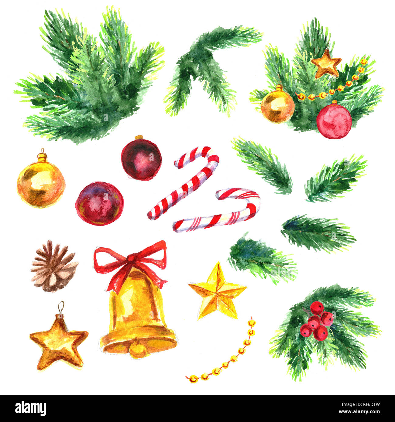 Christmas set with bells, Mistletoe, Spruce branches, cone, balls, gold ...