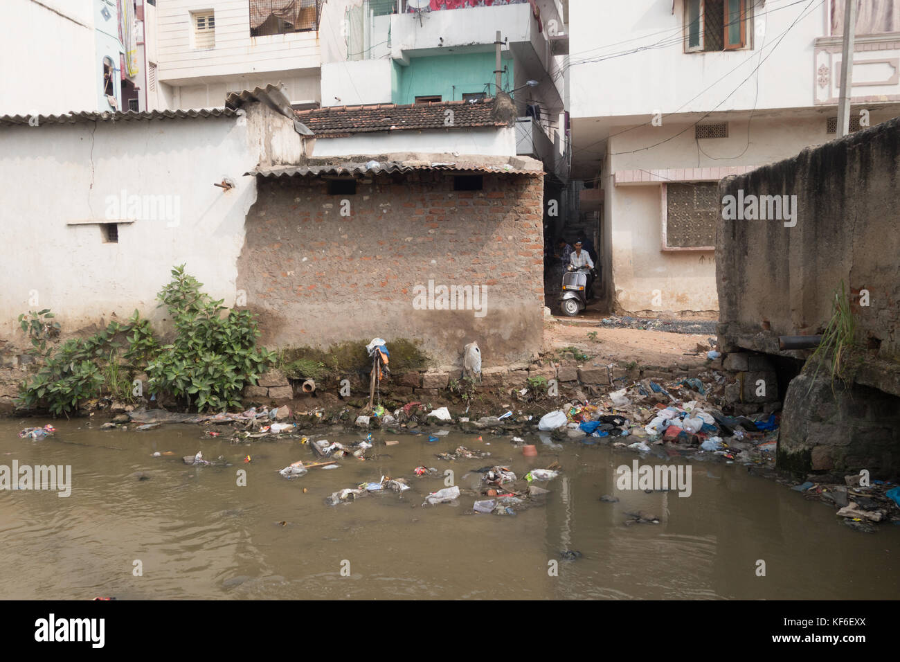 HYDERABAD, INDIA - OCTOBER 22,2017 Sewage canal clogged by floating ...