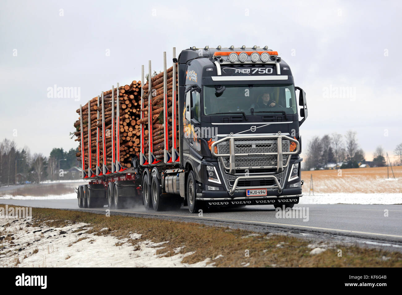SALO, FINLAND - FEBRUARY 19, 2016: Volvo FH16 750 logging truck hauls ...