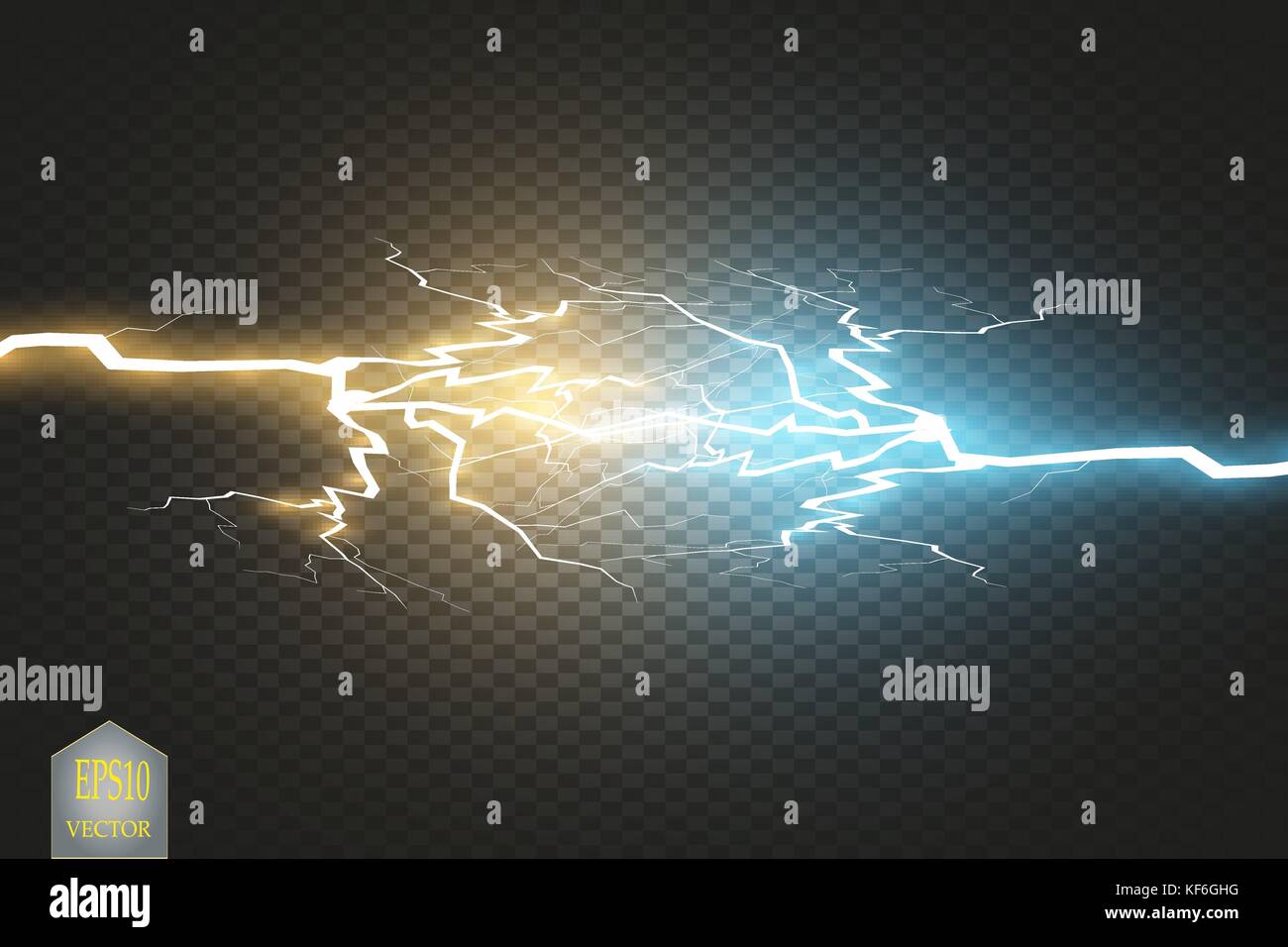 Collision of two forces with gold and blue light. Vector illustration ...