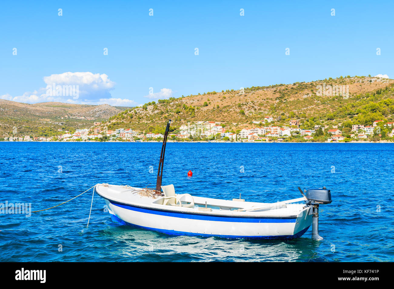 Fishing boat on sea coast in Rogoznica town, Dalmatia, Croatia Stock ...