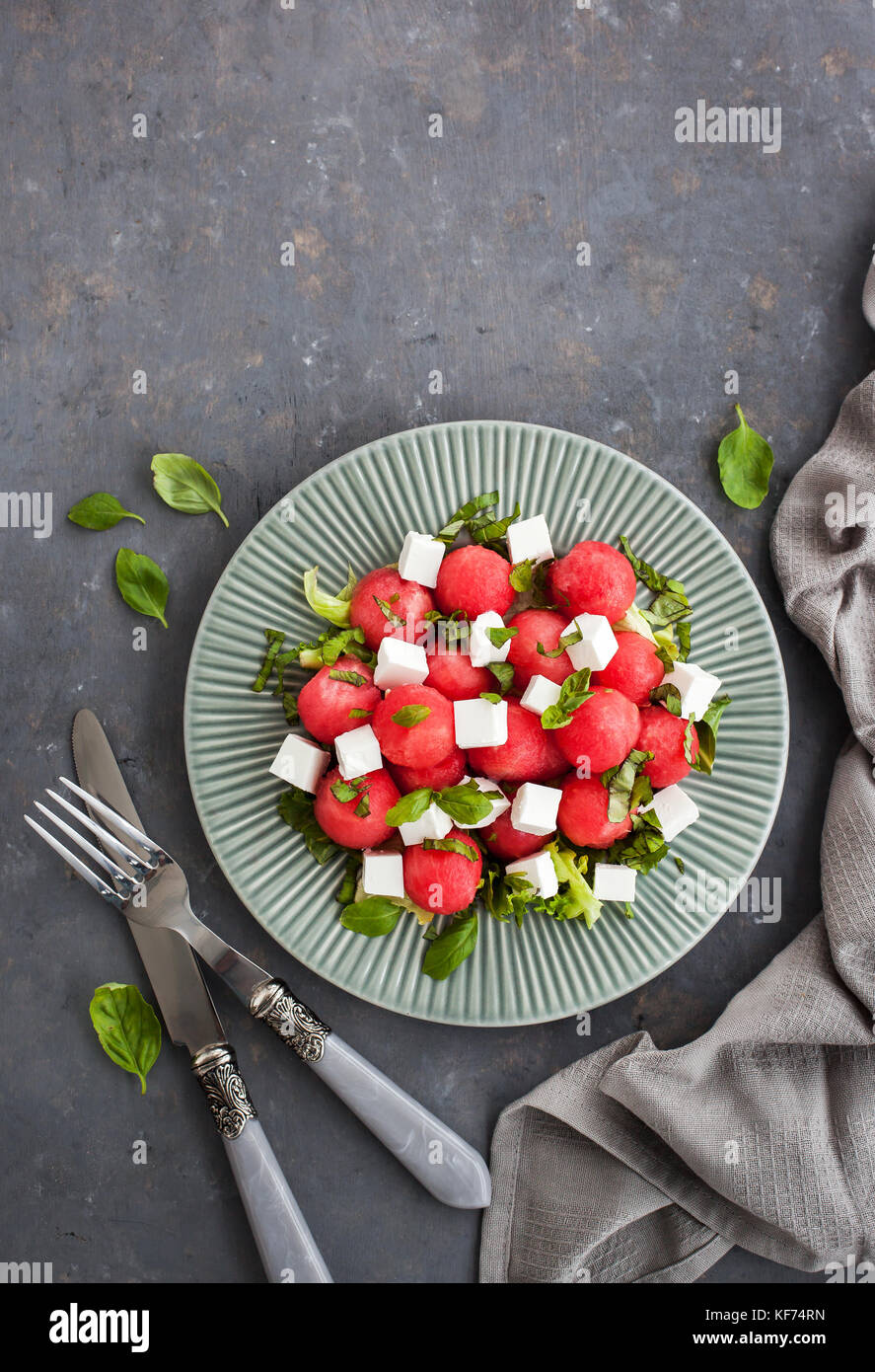 Fresh delicious salad with watermelon and feta cheese, top view Stock ...