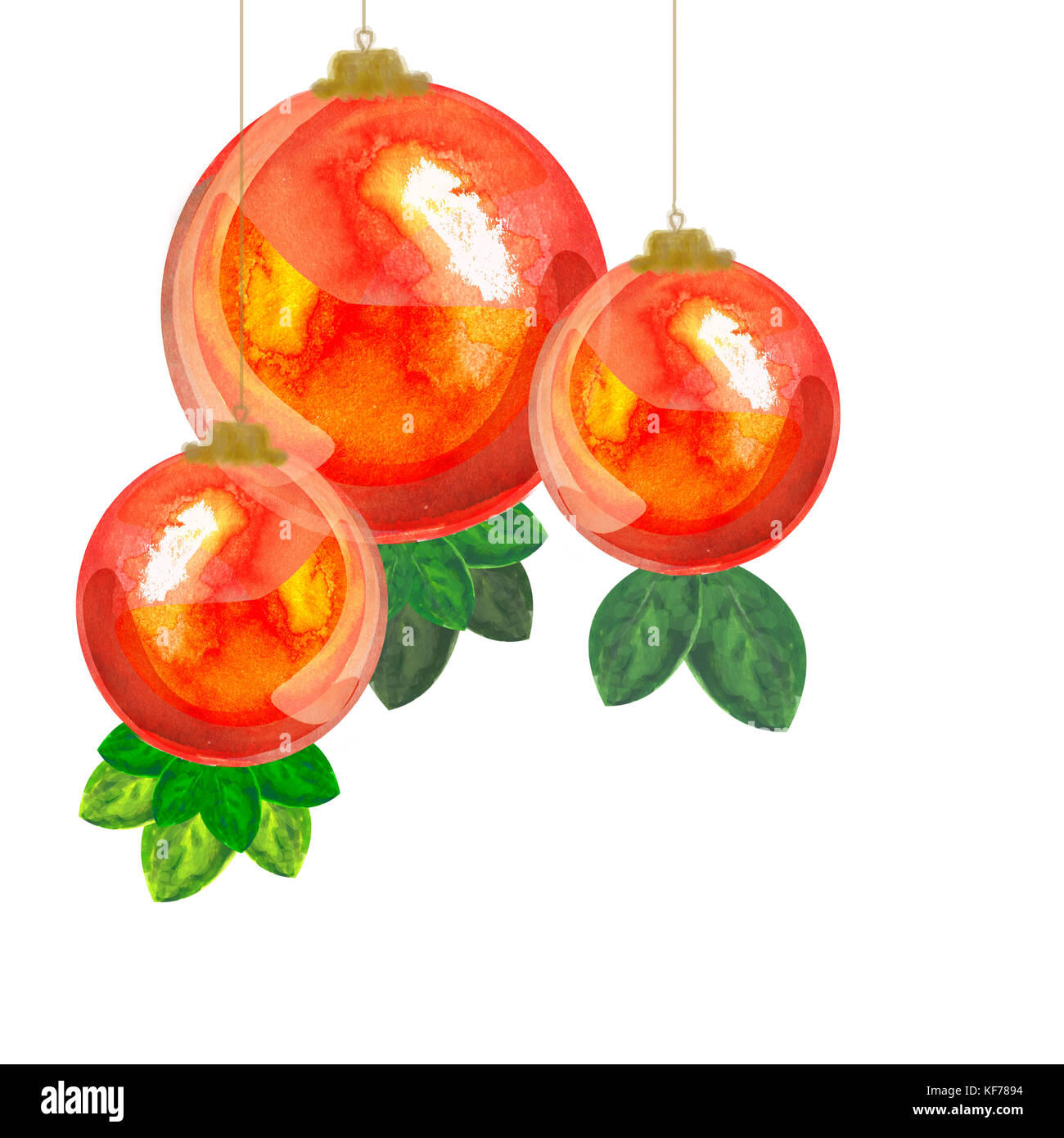 red watercolor balls with green leaves decor Stock Photo - Alamy