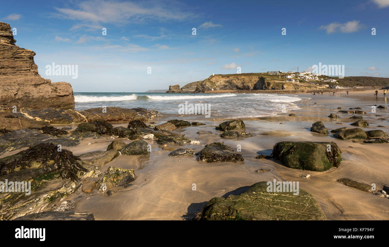 Portreath beach in Cornwall with the Atlantic surf Stock Photo - Alamy