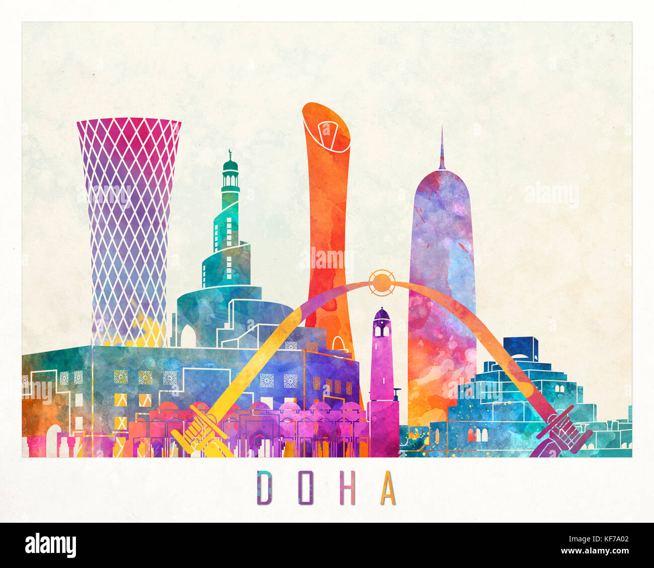 Doha landmarks watercolor poster Stock Photo - Alamy