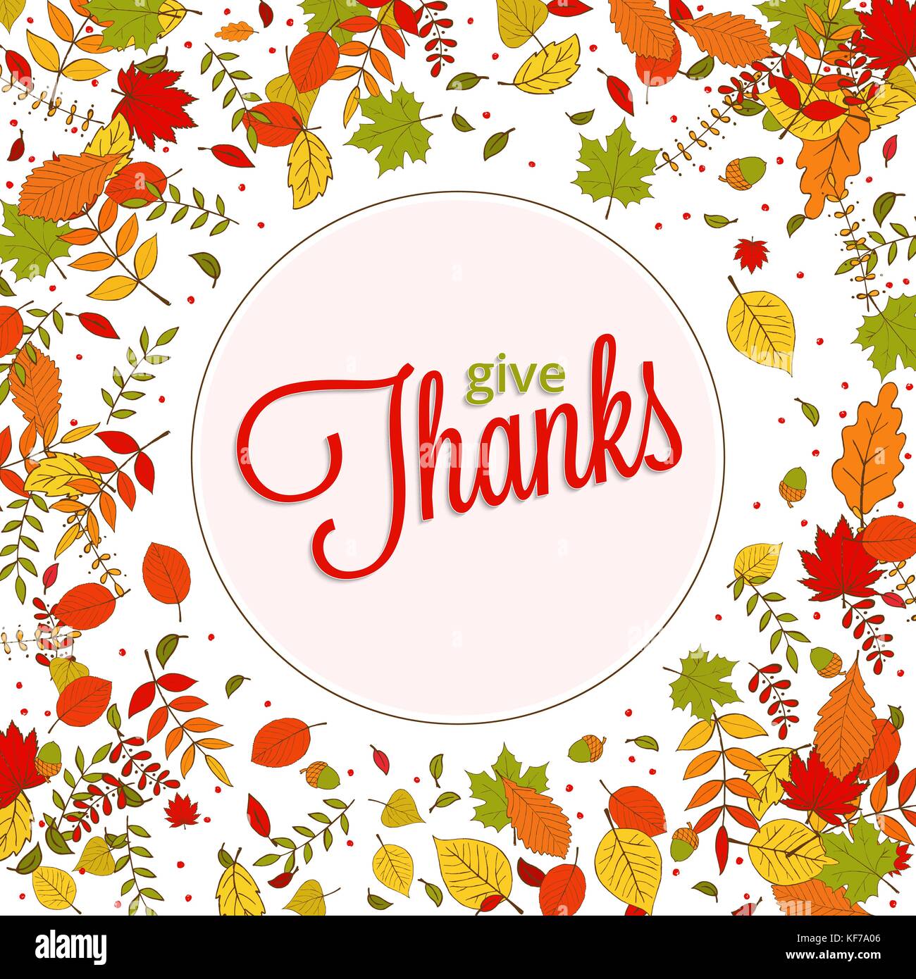 Give Thanks lettering. Happy Thanksgiving Day background with falling colorful hand drawn autumn ...