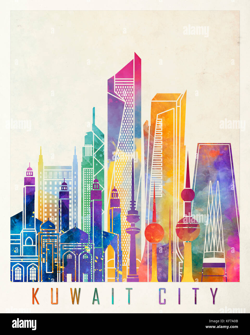 Kuwait city landmarks watercolor poster Stock Photo - Alamy