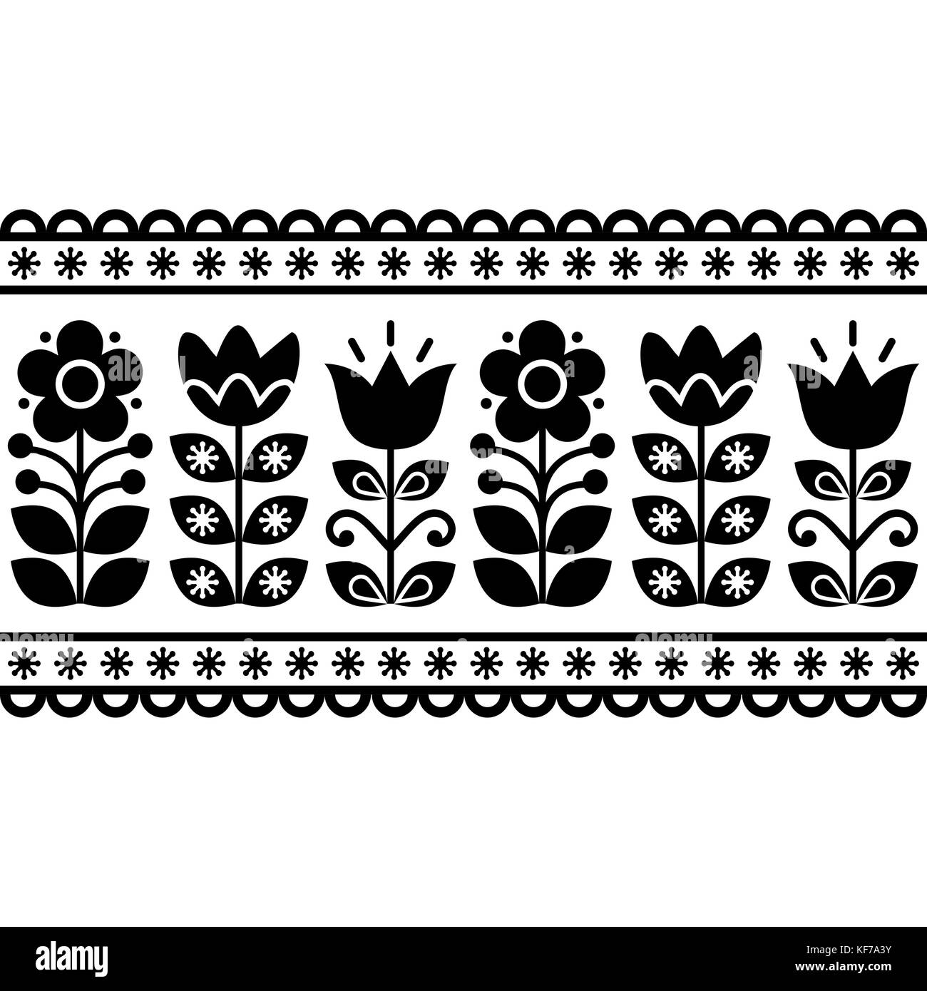Swedish floral retro pattern - seamless long traditional folk art black ...