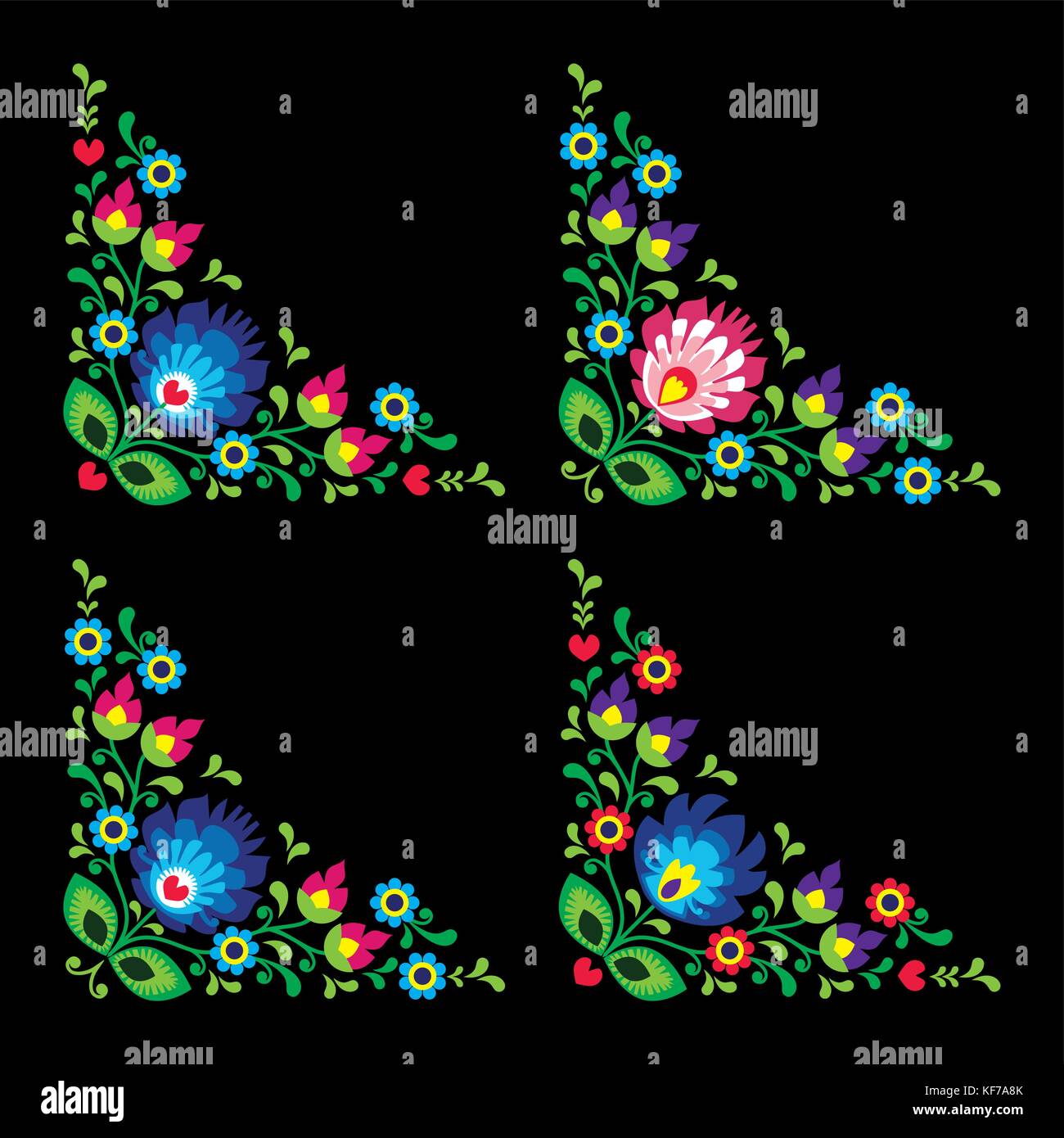 Corners border Polish floral folk art vector pattern - Wzory Lowickie ...