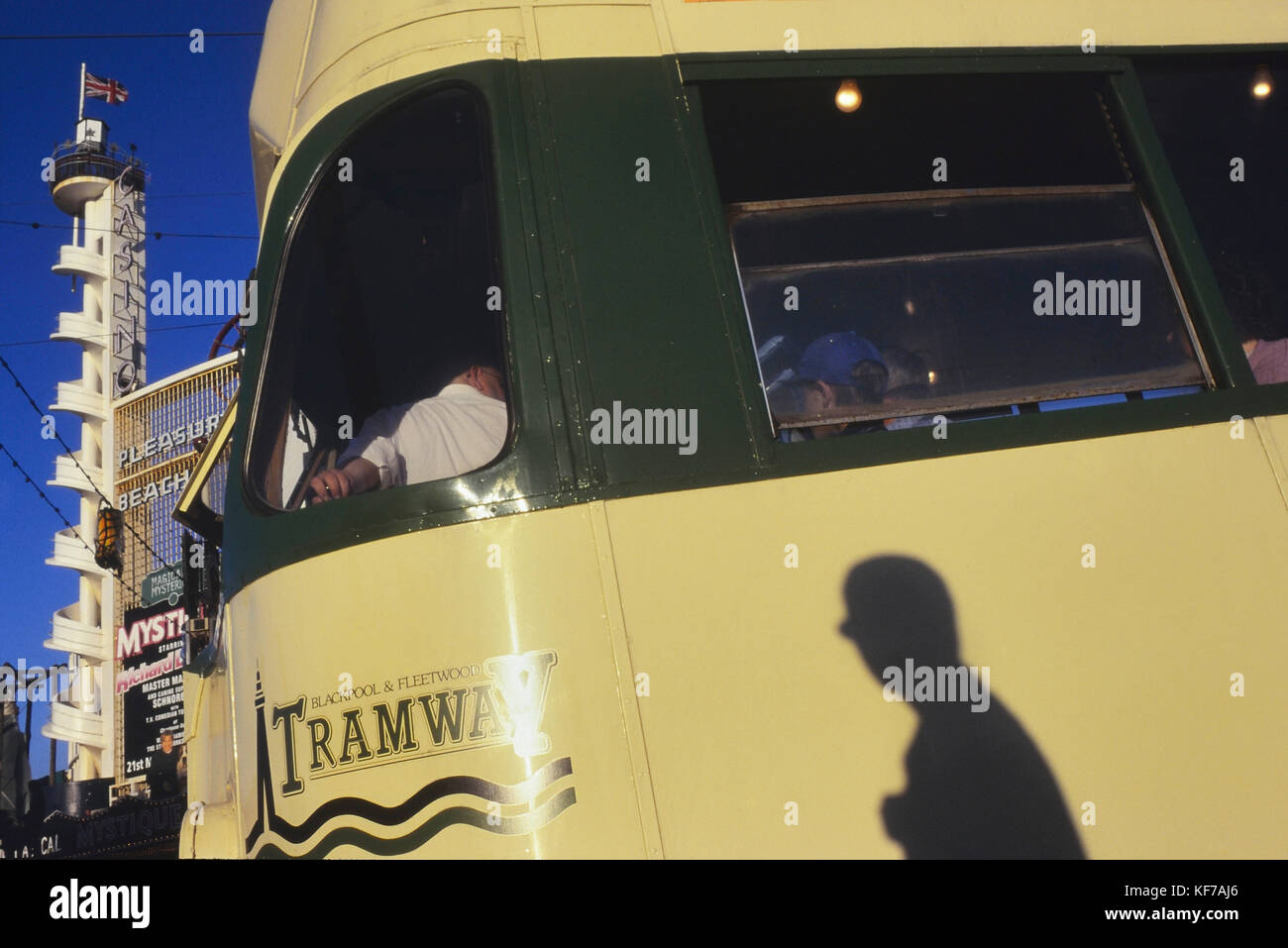 Blackpool tram outside the Pleasure beach tower, Blackpool, Lancashire ...