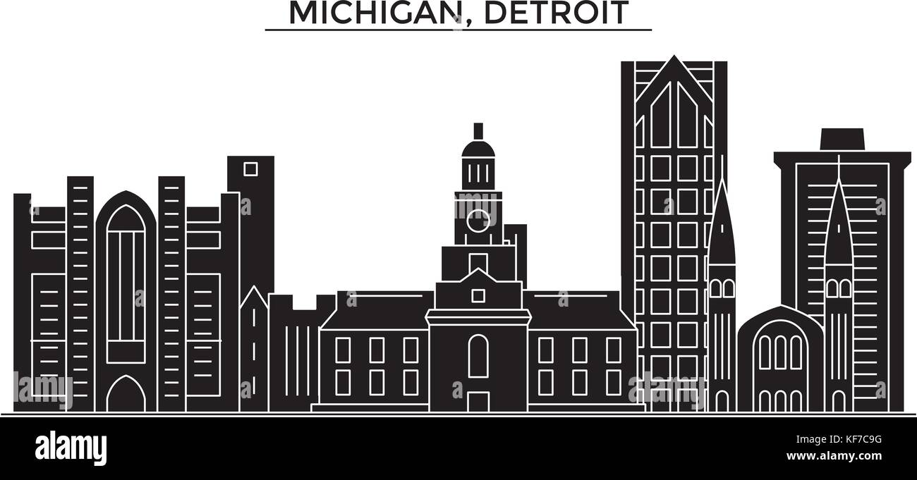 Usa, Michigan, Detroit architecture vector city skyline, travel ...