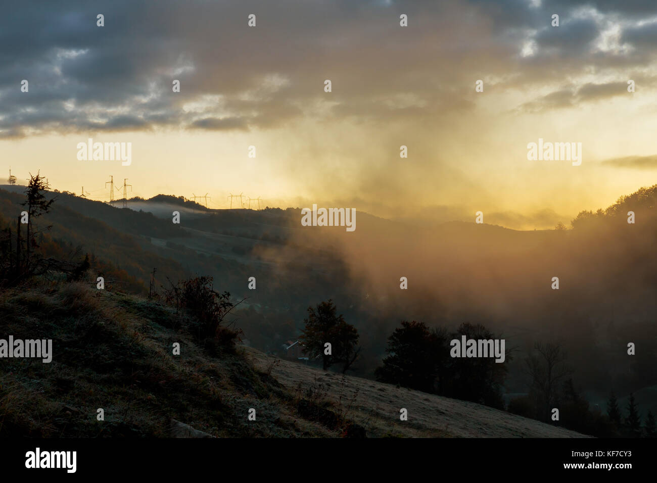 mountain mist haze power line Autumn trees in the midst of fog at ...