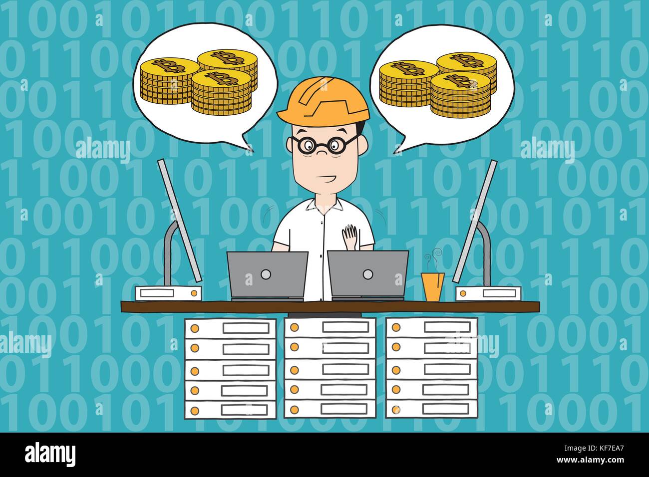 Illustration of bitcoin mining over binary background in hand drawing ...
