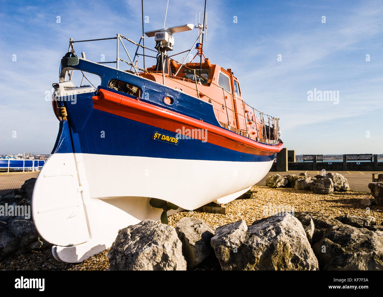 A shot of an old lifeboat at Hythe Marina Village near Southampton, UK ...