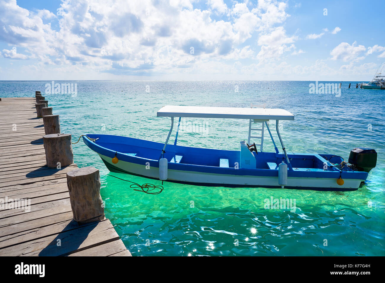 Puerto Morelos beach boats in Mayan Riviera Maya of Mexico Stock Photo ...