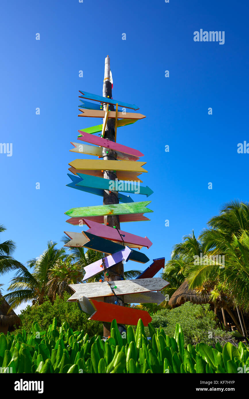 Tulum colorful arrow signs pole at Mayan Riviera of Mexico Stock Photo ...