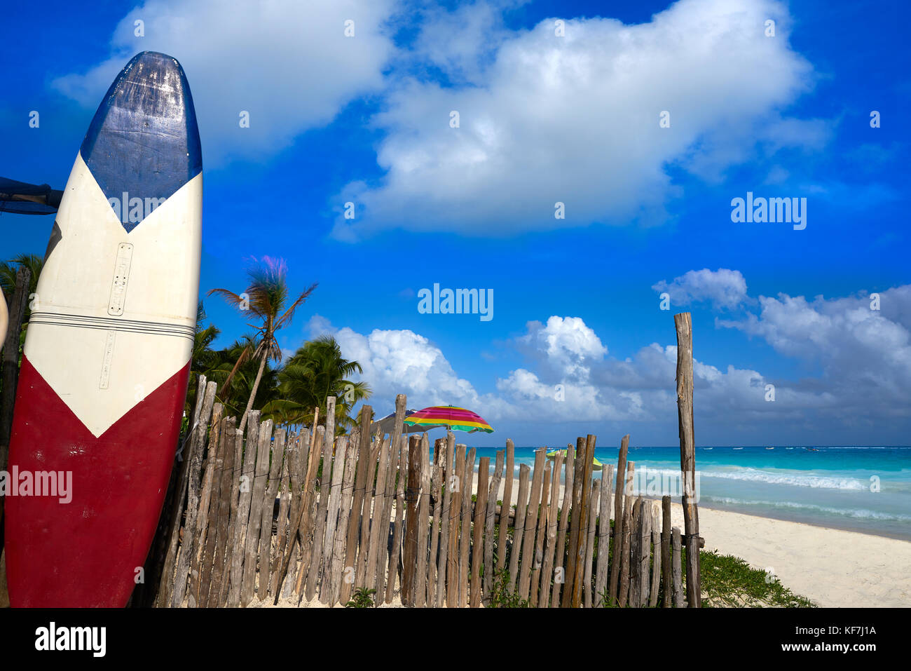 Tulum surf board in Caribbean beach Riviera Maya of Mayan Mexico Stock ...