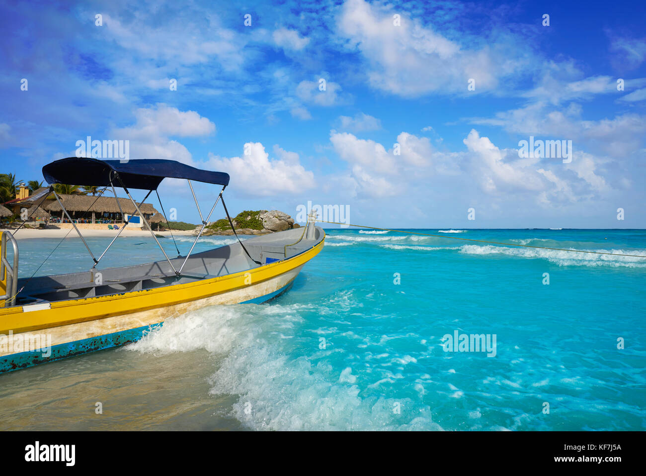Tulum Caribbean turquoise beach boat in Riviera Maya of Mayan Mexico ...