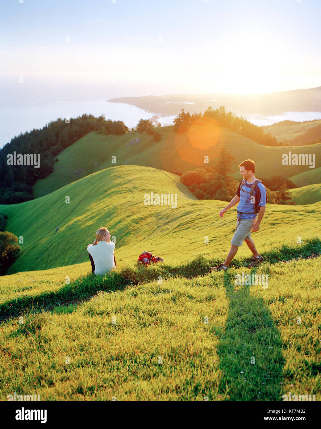 Usa California Marin Headlands Man And Woman Hiking Above Stinson