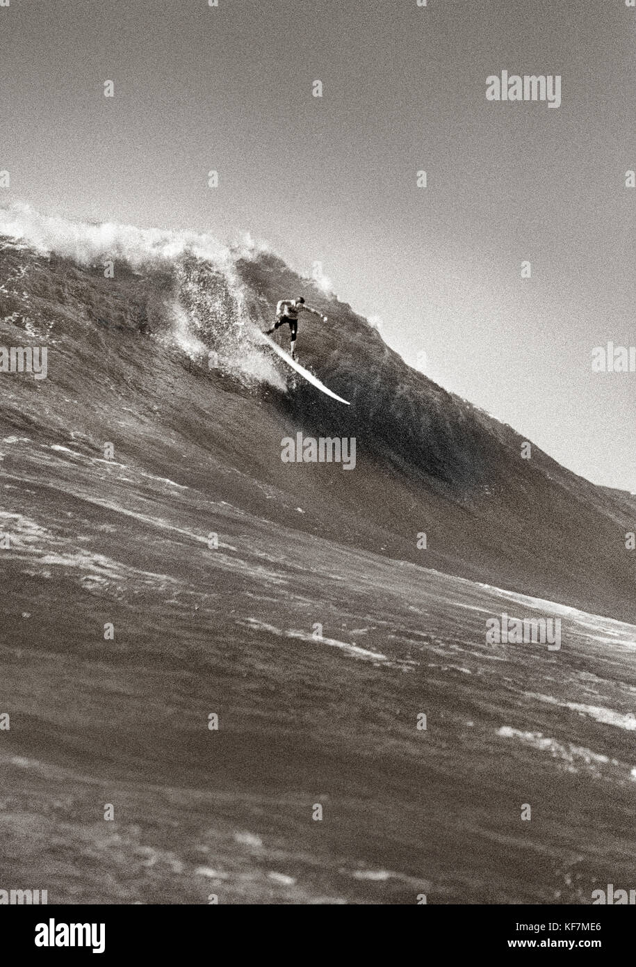 USA, California, man surfing a big wave at Mavericks (B&W Stock Photo ...
