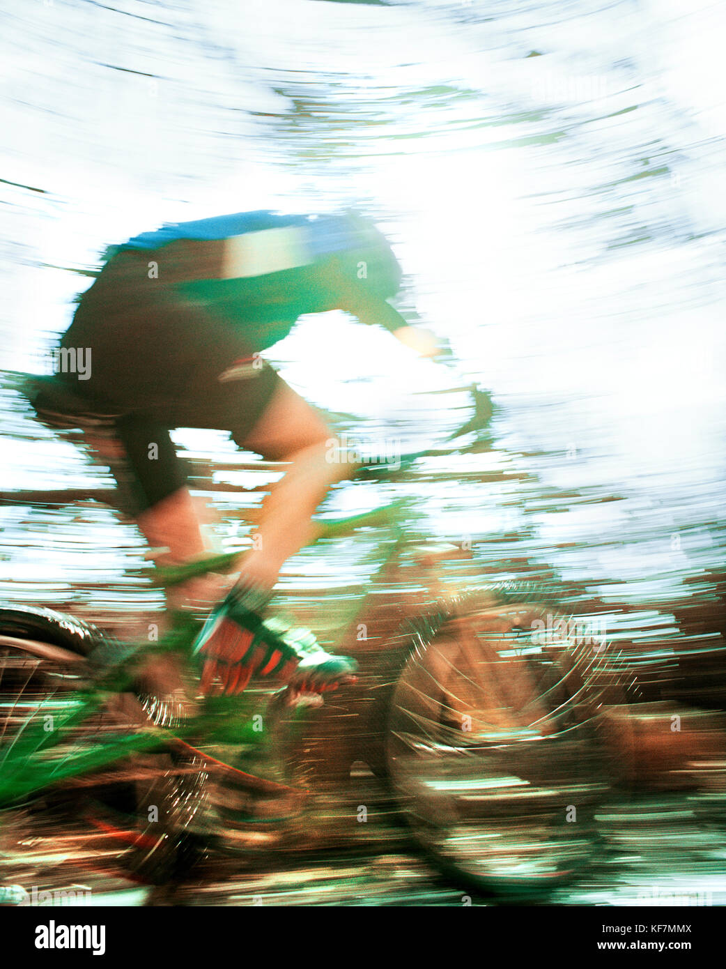 USA, California, Marin County, a man rides his mountain bike on a trail ...