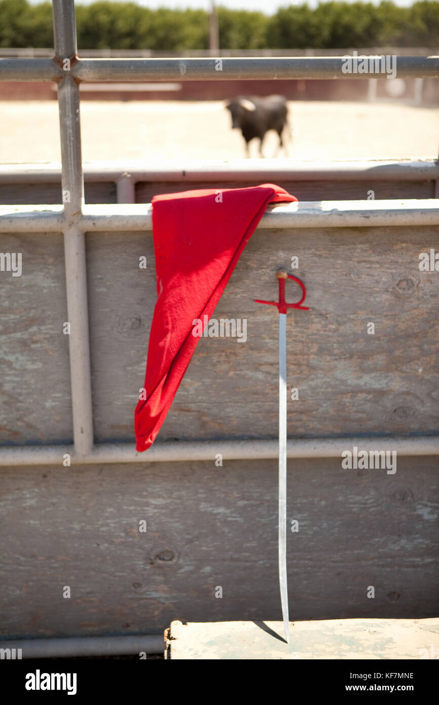 USA; California; deatil of a bullfighting sword and cape at the Dennis ...