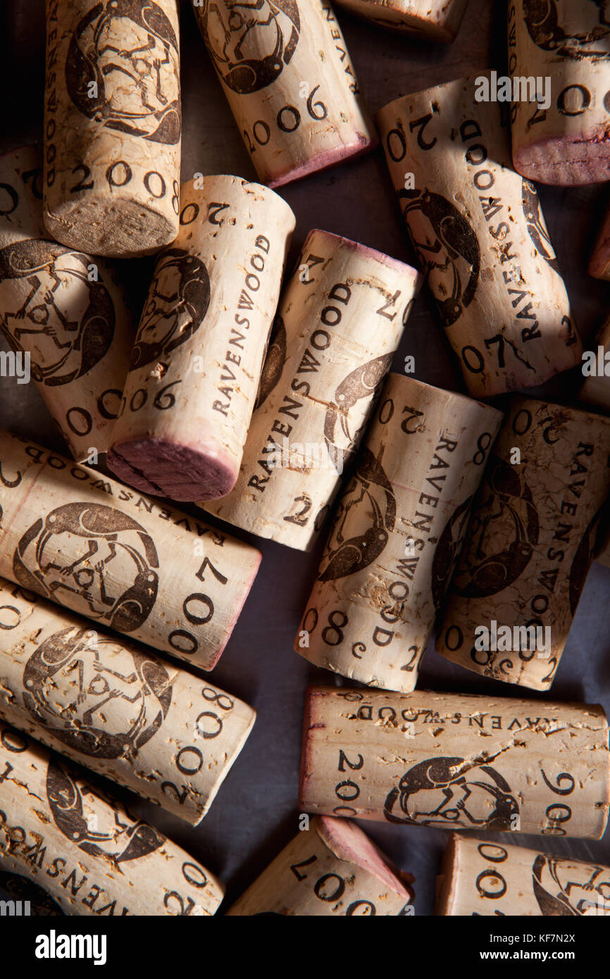 USA, California, Sonoma, a pile of corks on a steel table, Ravenswood ...