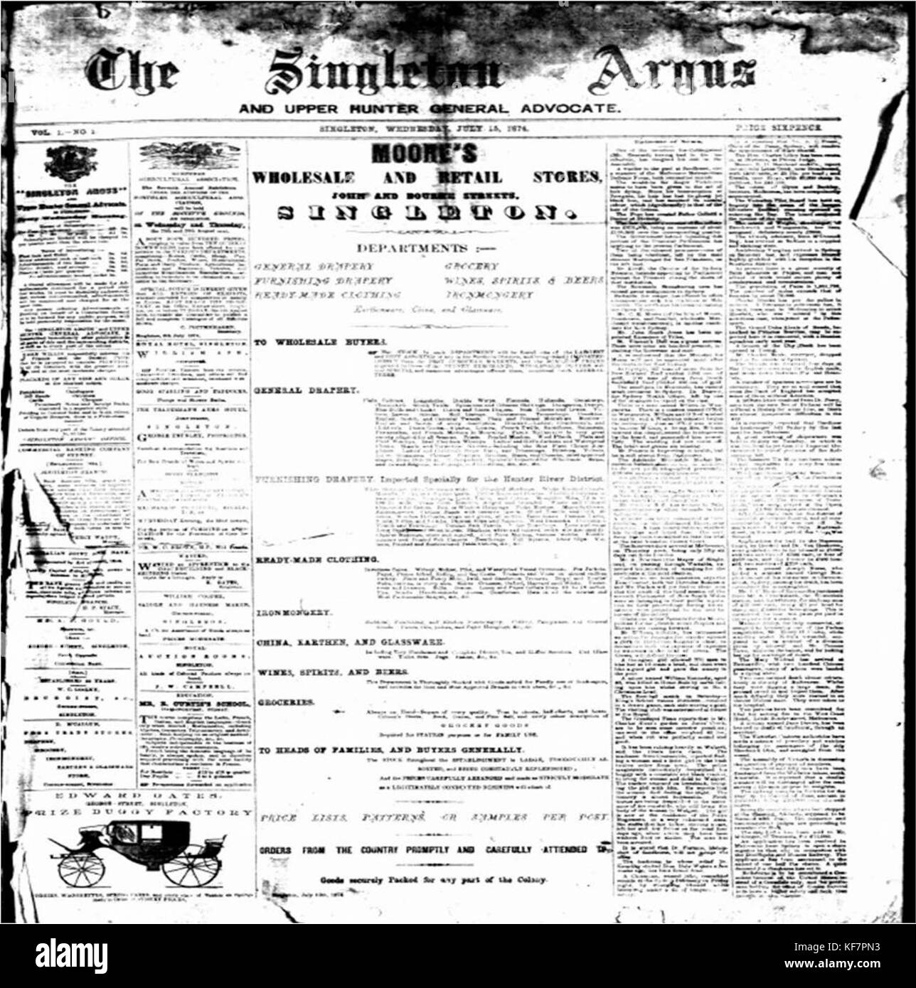 Singleton Argus and Upper Hunter General Advocate 15 July 1874 Stock ...