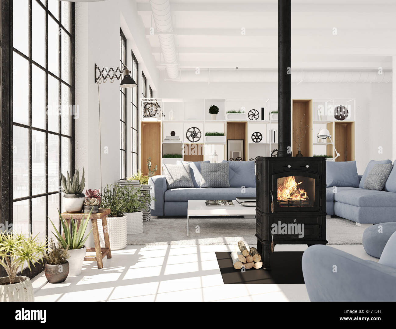 Modern Loft Apartment Living Room Fireplaces