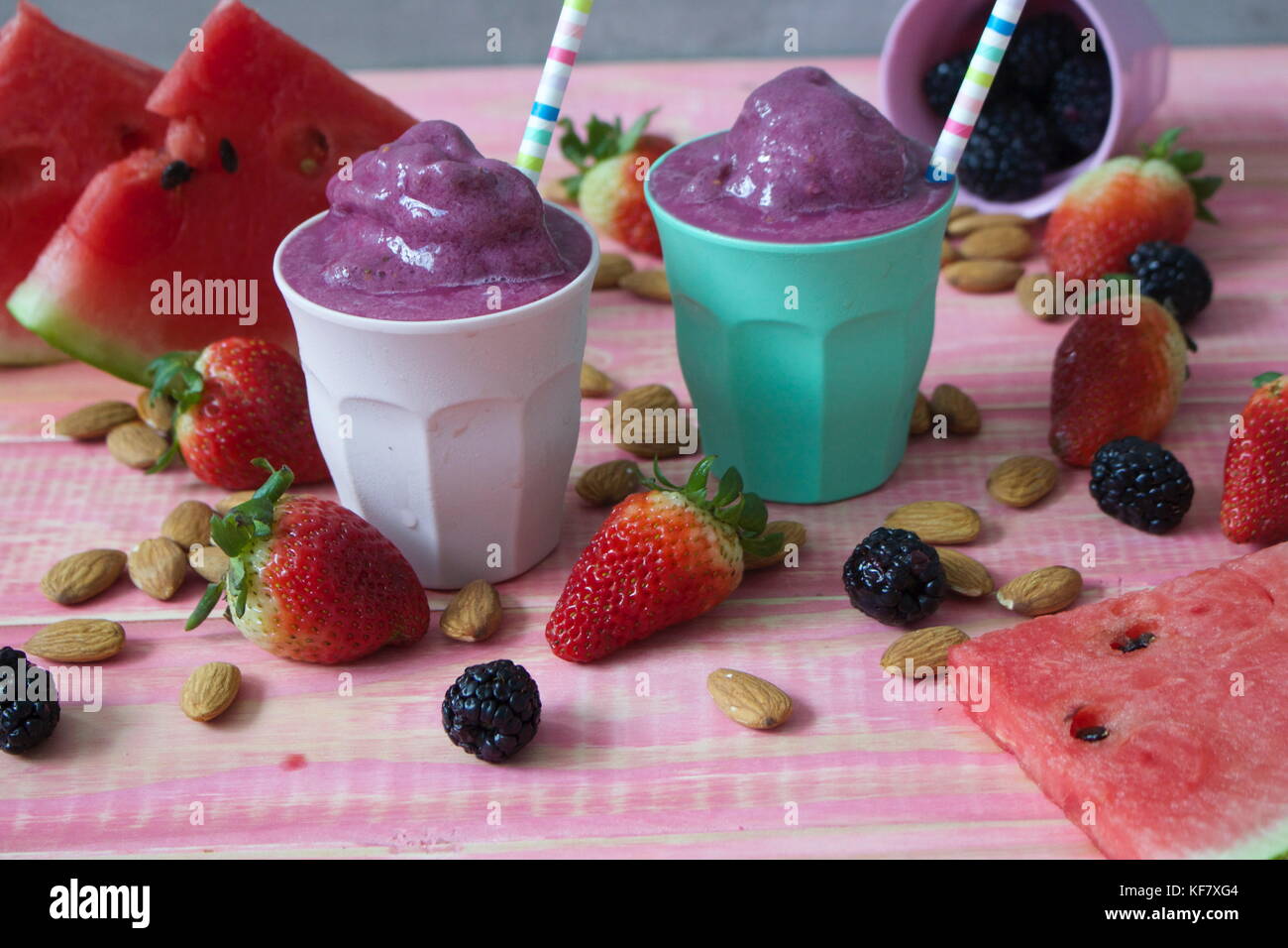 Watermelon, strawberries and blackberries smoothie Stock Photo - Alamy