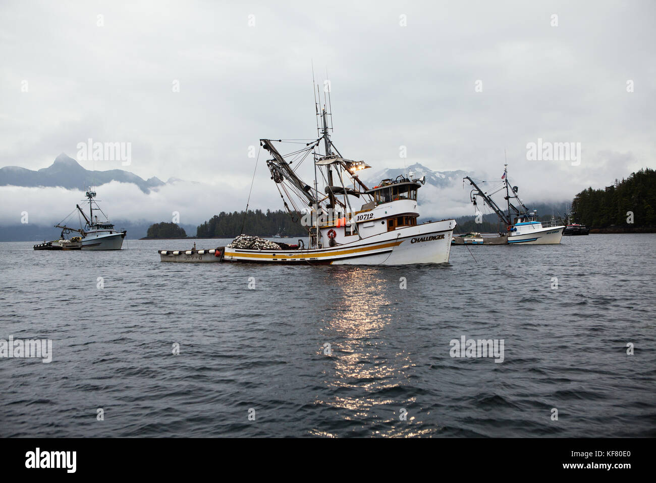 USA, Alaska, Sitka, seiners fish for Salmon outside of Deep Inlet, Big ...
