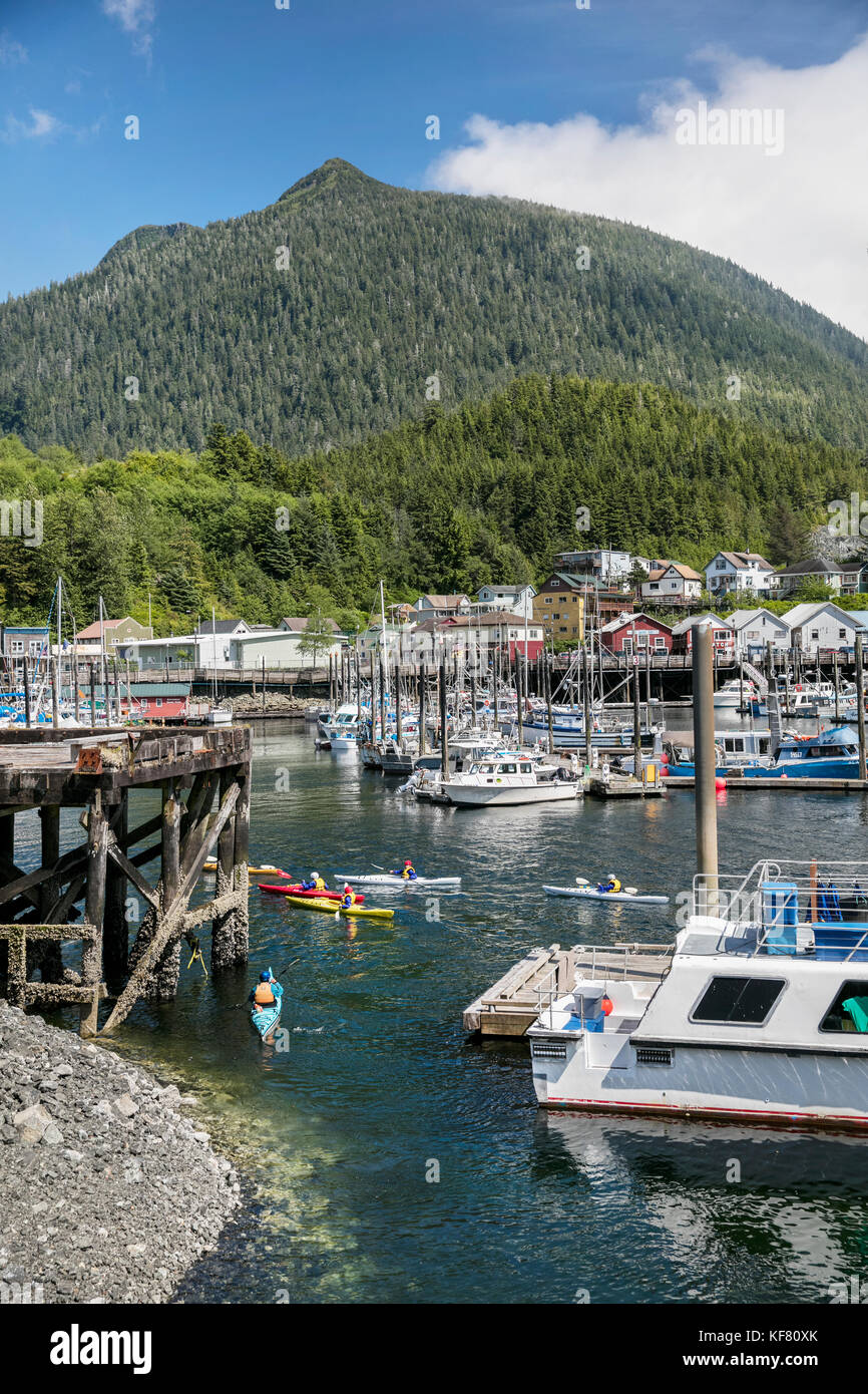 USA, Alaska, Ketchikan, fishing boats and kayaks moored in the ...