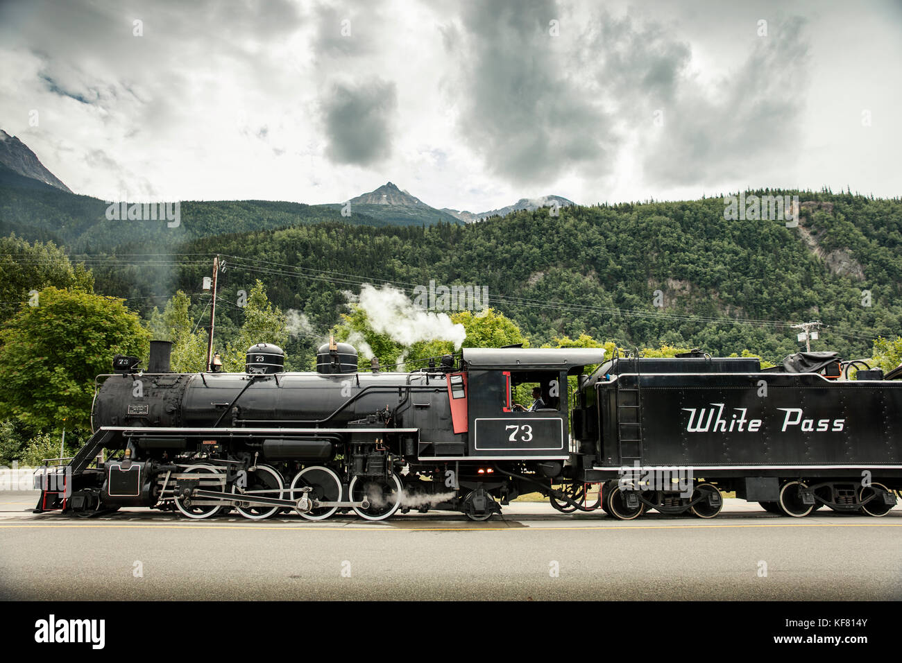 USA, Alaska, Sitka, the White Pass Steam Engine, number 73, prepares to ...