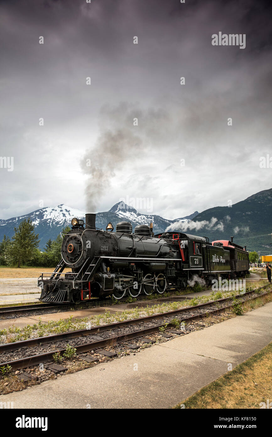 USA, Alaska, Sitka, the White Pass Steam Engine, number 73, prepares to ...