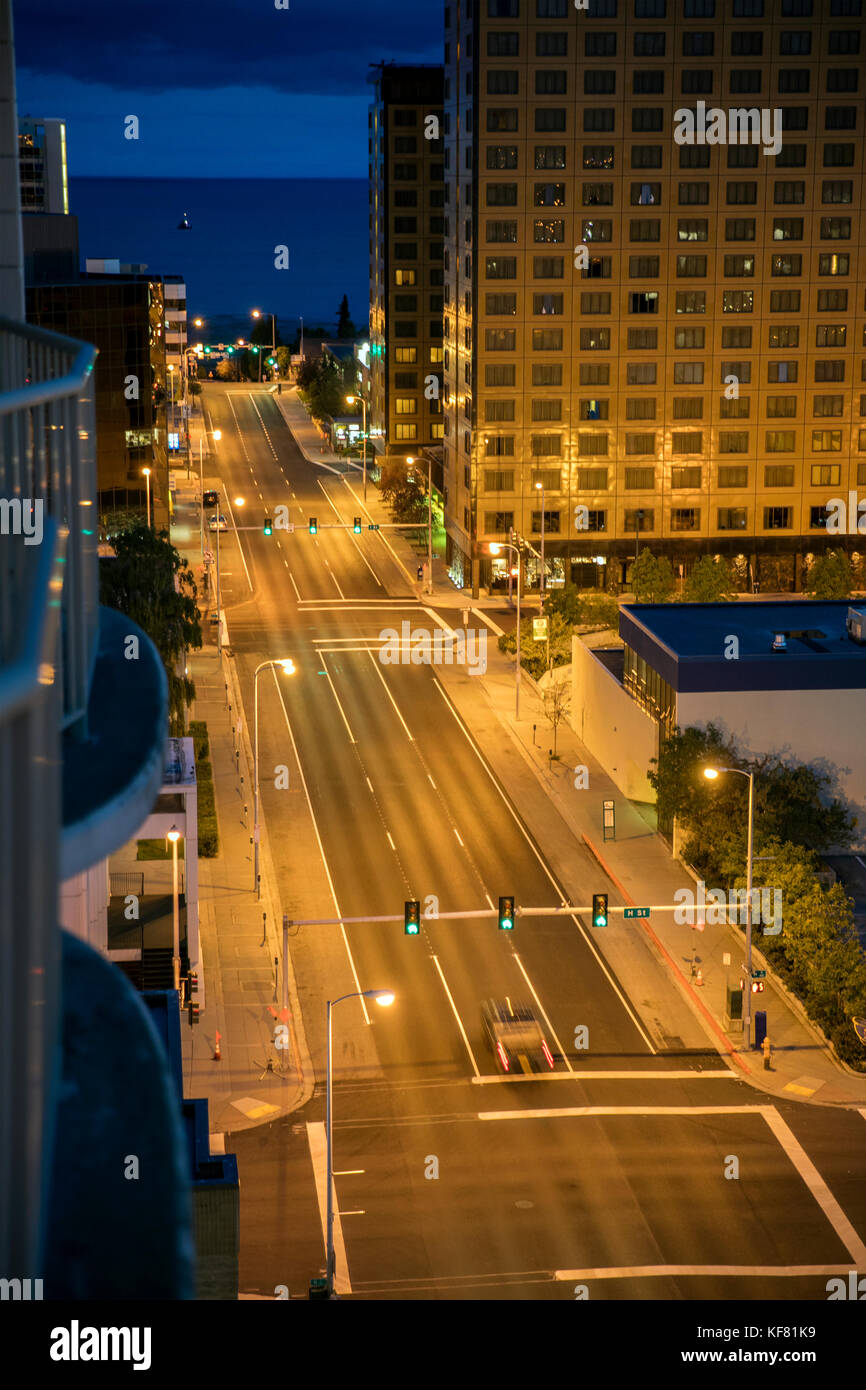 USA, Alaska, Anchorage, a view of downtown Anchorage at night Stock ...