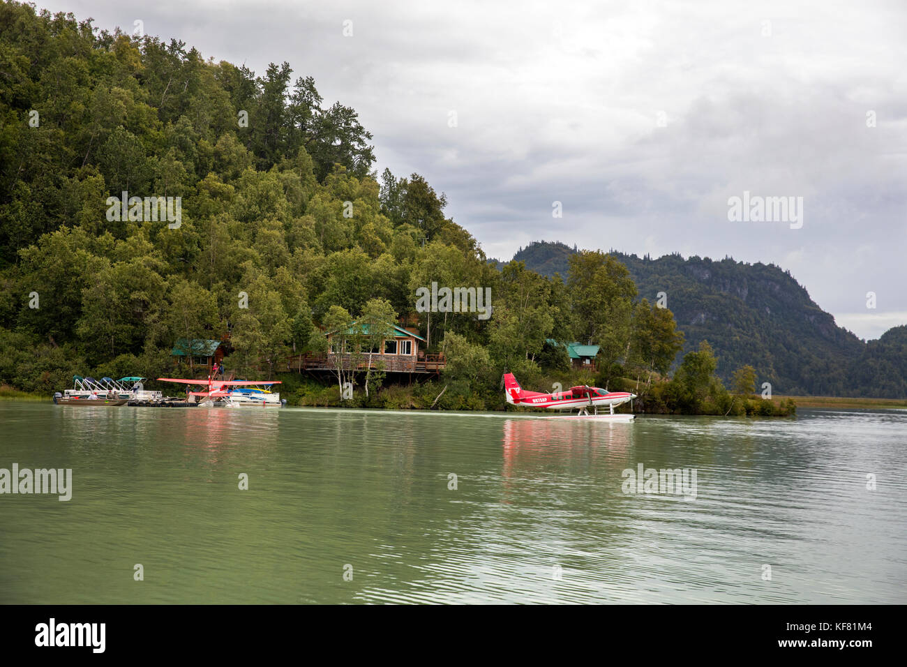 USA, Alaska, Redoubt Bay, Big River Lake, arriving on the float plane ...