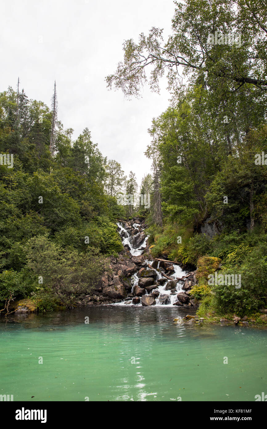 USA, Alaska, Redoubt Bay, Big River Lake, a waterfall near Wolverine ...