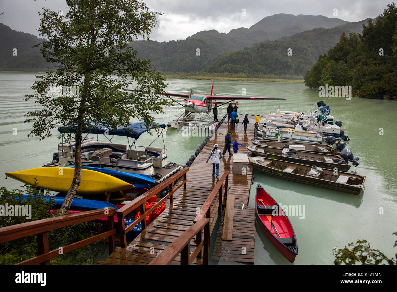 USA, Alaska, Redoubt Bay, Big River Lake, heading out on the dock to ...
