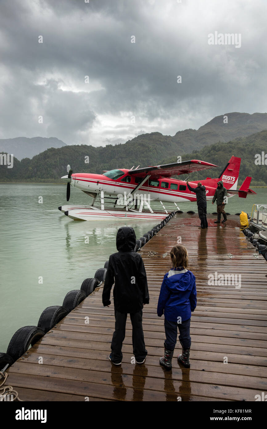 USA, Alaska, Redoubt Bay, Big River Lake, heading out on the dock to ...