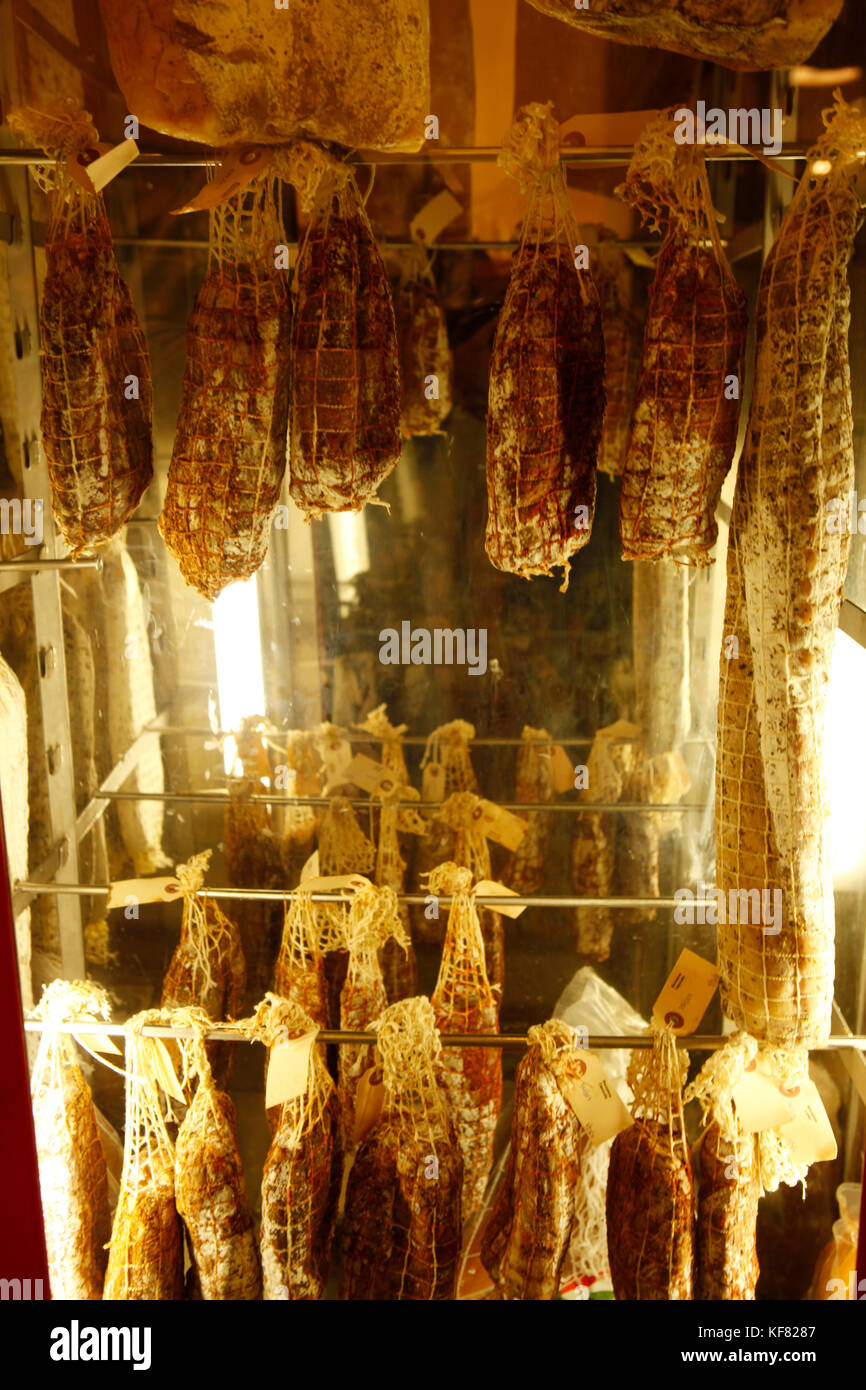 USA, California, San Francisco, the Embarcadero, meats curing in a ...